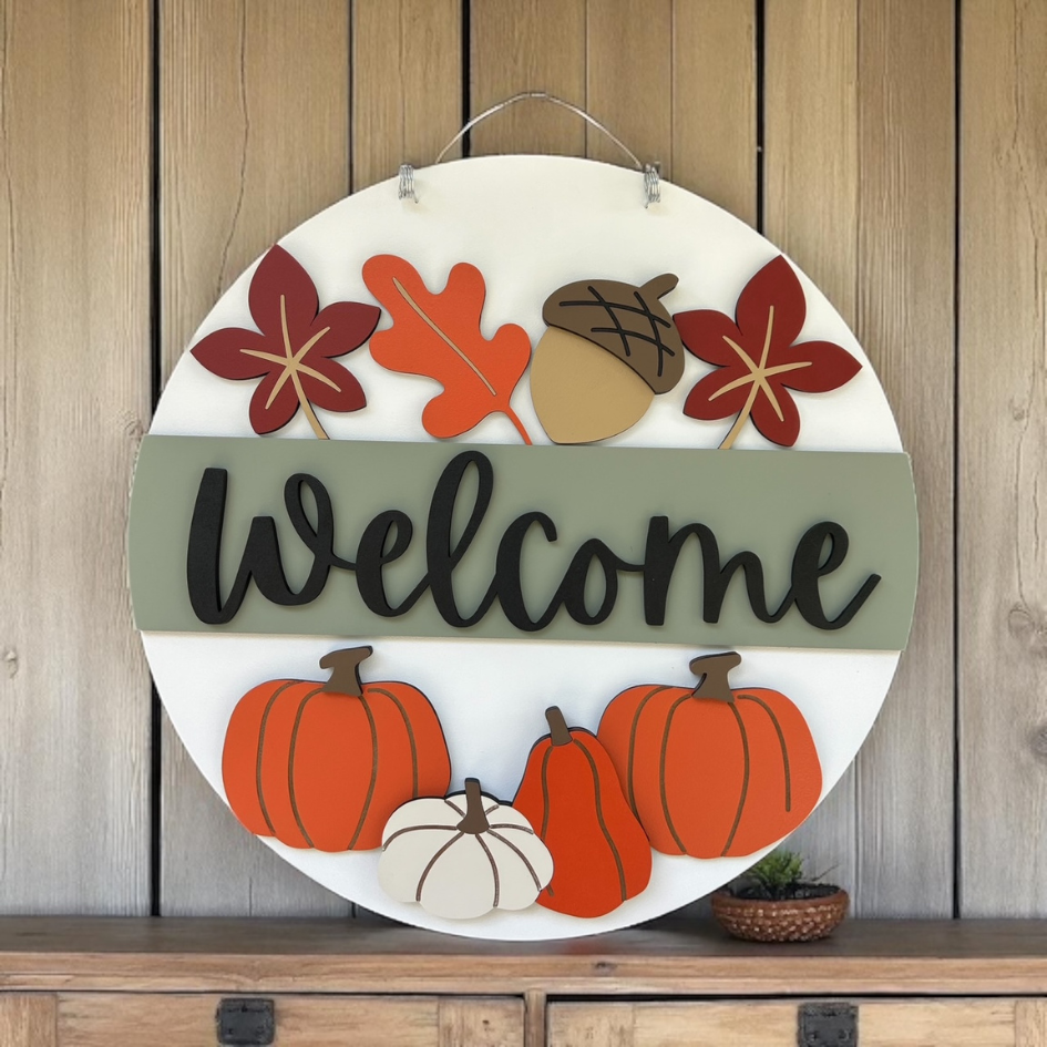 Welcome Fall Leaves and Pumpkins Door Sign – InScribed