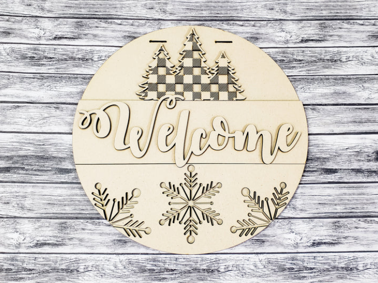 Welcome Buffalo Plaid Pine Tree and Snowflakes Blank – InScribed